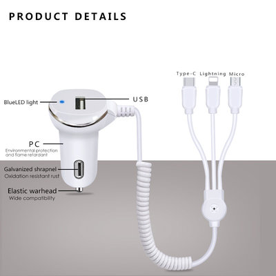 4 USB PORT CAR CHARGER USB+TYPE-C+LIGHTING PORT WITH SPRING CABLE supplier