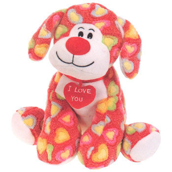 Les chiens faits sur commande de peluche avec le coeur rouge, façonnent le petit chien de peluche