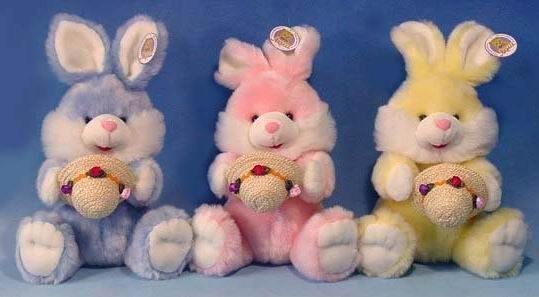 Longs jouets bourrés de lapins de Pâques de peluche de cheveux petits, jaune/rose/bleu