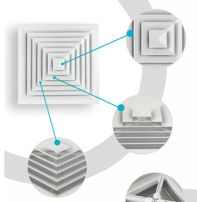 HVAC System Aluminum Square Air Ceiling DIffusers 4 Way Grilles into a T-bar Ceiling grid