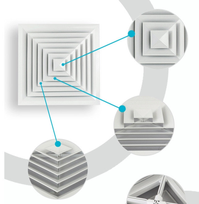 HVAC System Aluminum Square Air Ceiling DIffusers 4 Way Grilles into a T-bar Ceiling grid