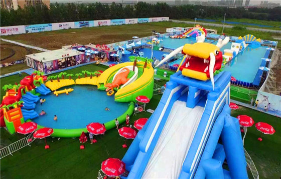 Super Large Inflatable Water Park With Long Ramp / Outside Inflatable Water Slide