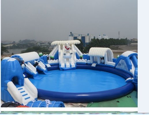Blue Sea Floating Inflatable Water Park Digital Printing Logo With Air Pump