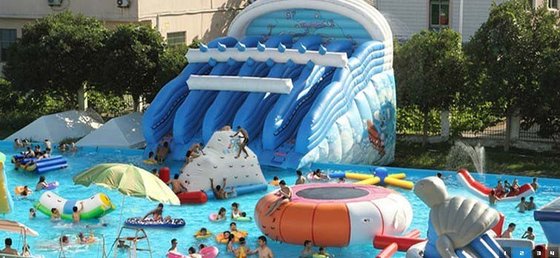 Blue Sea Floating Inflatable Water Park Digital Printing Logo With Air Pump