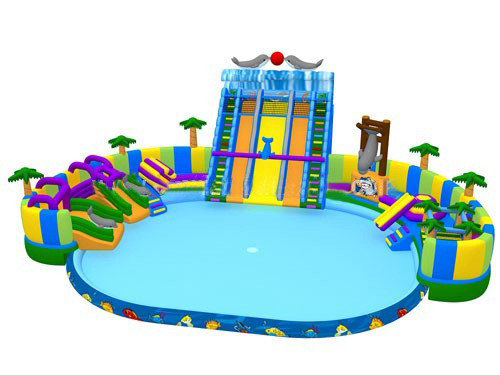 Amusement Equipment Inflatable Water Park With Large Pool / 3 Inflatable Slides