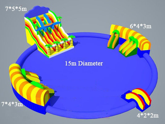 Amusement Equipment Inflatable Water Park With Large Pool / 3 Inflatable Slides