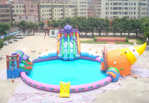 Amusement Equipment Inflatable Water Park With Large Pool / 3 Inflatable Slides