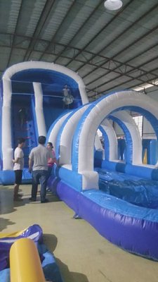 Strong 0.5MM PVC Blue / White Inflatable Slide With Pool 11 * 4 * 5.5m Fireproof
