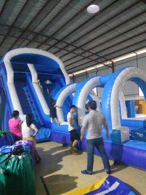 Strong 0.5MM PVC Blue / White Inflatable Slide With Pool 11 * 4 * 5.5m Fireproof