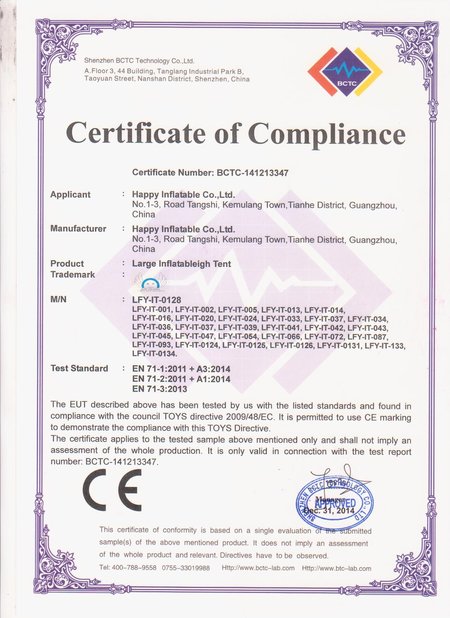China Happy Inflatable Co.,Ltd. zertifizierungen