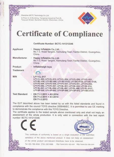 China Happy Inflatable Co.,Ltd. zertifizierungen
