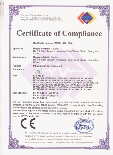China Happy Inflatable Co.,Ltd. zertifizierungen