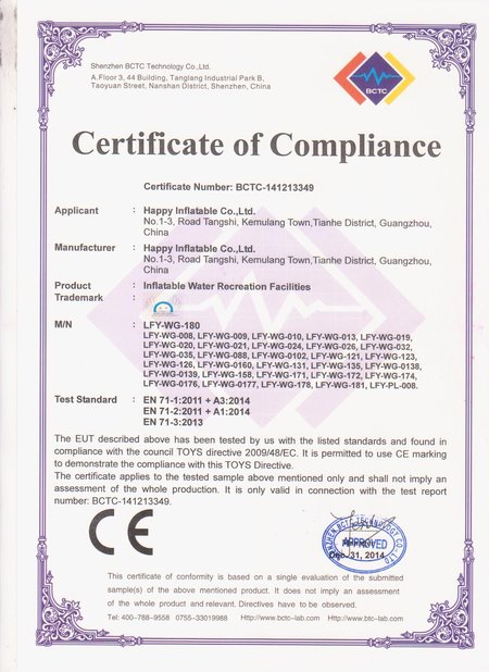 China Happy Inflatable Co.,Ltd. zertifizierungen