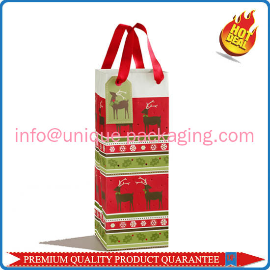 Custom Color Printing Paper Gift Bag for Wine Bottle Carrier with Paper Hangtag