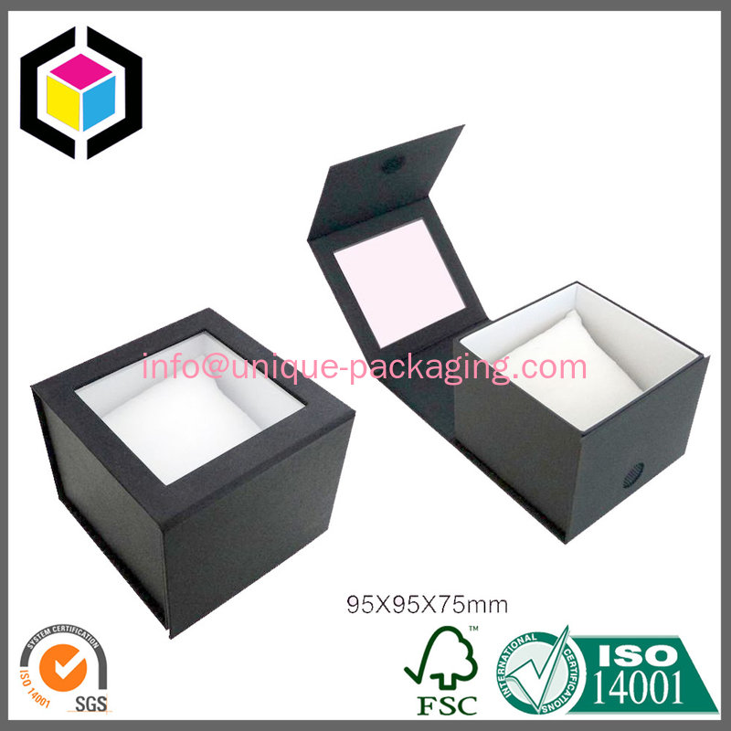 Velcro Close Black Color Watch Paper Gift Box with Pillow Shape Foam Clear Window