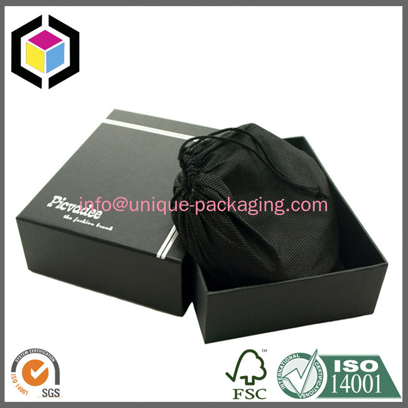 Elegant Matte Black Color Print Silver Foil Logo Paper Gift Package Box with Satin Bag