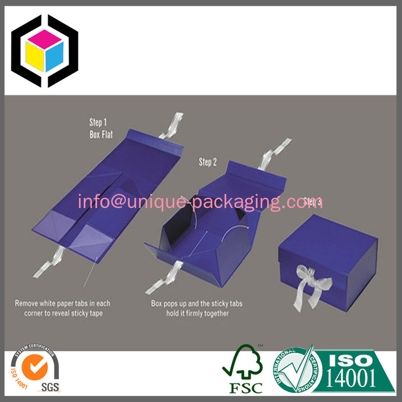 Blue Color Custom Print Gift Paper Box; Folding Style Gift Packaging Box with Ribbon