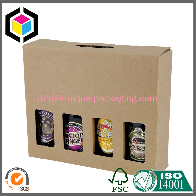 4 Bottle Beer Wine Kraft Carton Box; Beer Corrugated Packaging Box with Handle