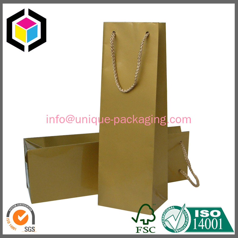 Single Bottle Red Wine Paper Bag; Gold Color Paper Wine Bag with PP Handle