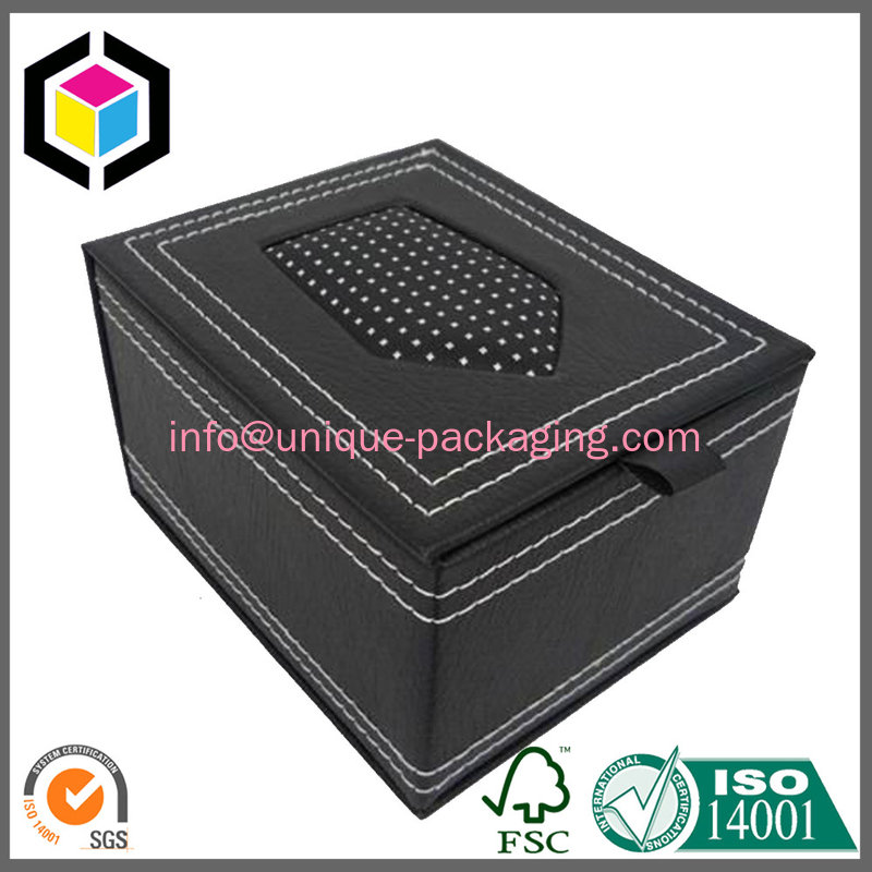 Black PU Leather Gift Paper Box with Window; Clear Window Gift Box for Ties