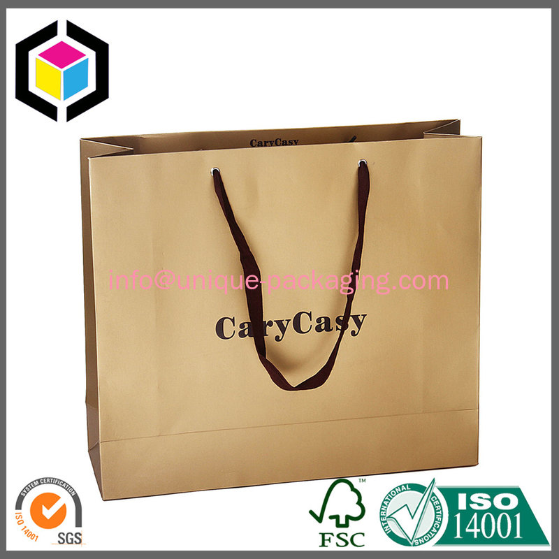 Gold Metallic Color Printed Paper Bag; Black Color Logo Shopping Bag with Eyelet