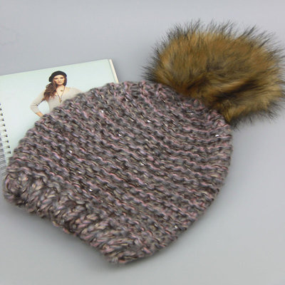 winter knit hat with raccoon fur ball fur pom poms 100%acrylic knitted hat