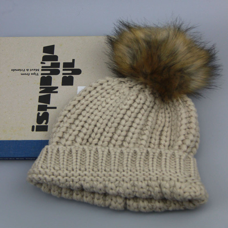 Custom Milk White Soft Boys Knitting Hat  winter knit hat with large raccoon fur ball pom poms