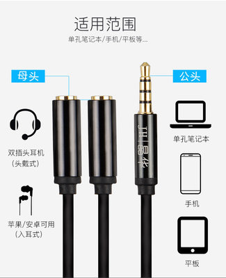 3.5mm AUX Audio Cable 1 Male to 2 Female Adapter Audio to Microphone Headset Extension Splitter Black Color