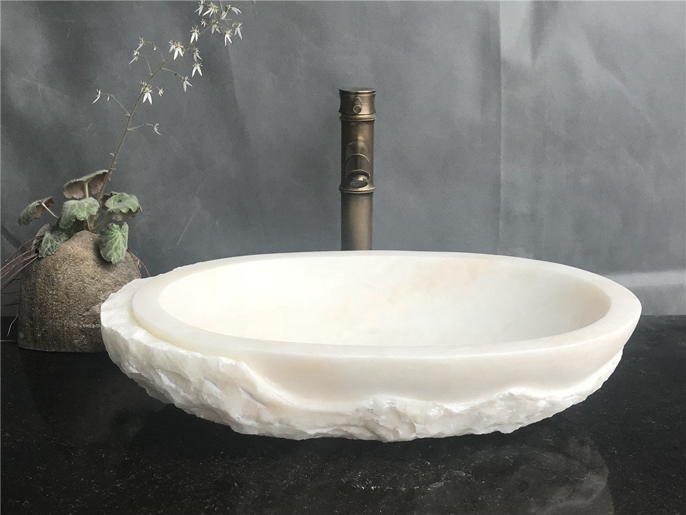 Cloudy white marble bathroom vessel sinks natural stone wash basin oval wash bowl