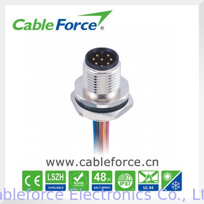 30V 2A 8pin A-Coded Male M12 Panel Mount Connector Rear Mounting With 24AWG Wire