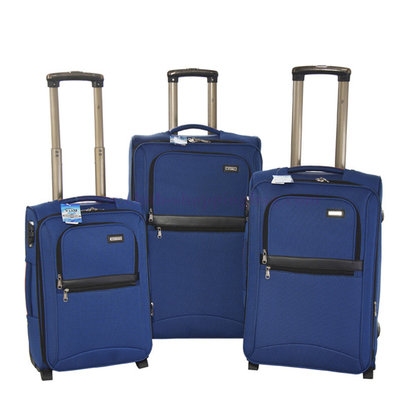 Dark blue polyester roller luggage bags with two adjustable compression straps