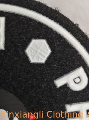 Custom Logo Iron On Patches With 3D Metallic Silver Embossing Heat Transfer Technics