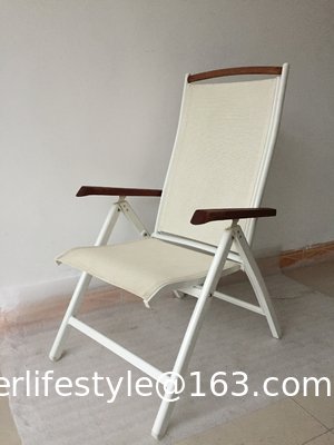 Folding chair with powder coating aluminum frame + Textilene + teak wood by Clover Lifestyle