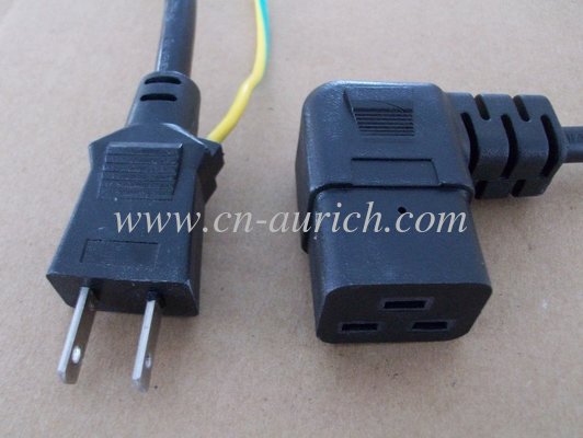 Japanese 2-pin plug with grounding wire, C19 angled power cord