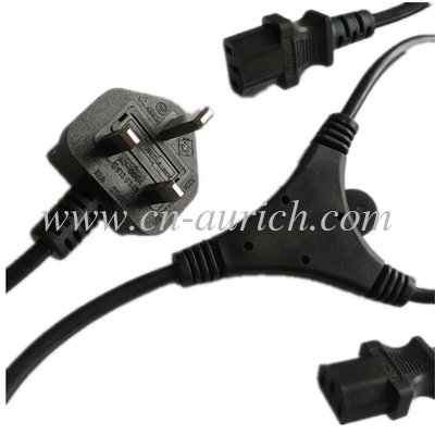 UK C13 power supply cord, UK plug to 2xC13 female plug, Y shape connector