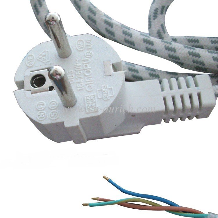 European Cotton braided power cord with CEE7/7 straight schuko plug