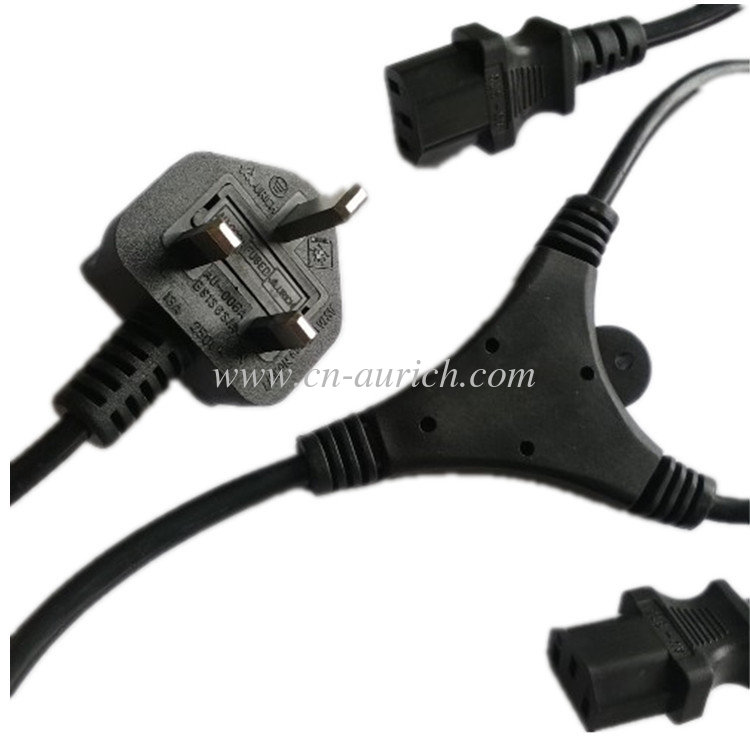 UK C13 power supply cord, UK plug to 2xC13 female plug, Y shape connector