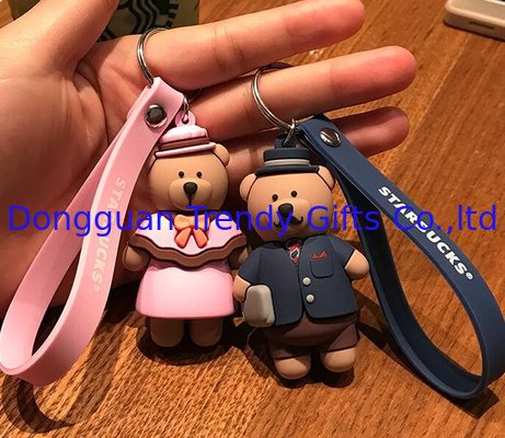 Hot Sale 3d Brown Bear Doll Soft PVC Keychain Key Holder With Silicone Wristband, Big Production Stock, Best Couple Gift supplier