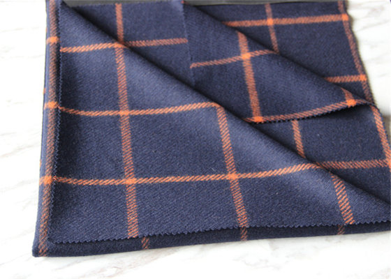 Business Casual Style Plaid Tartan Fabric , Dark Blue Tartan Fabric Wool With Orange Line