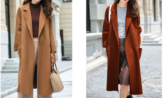 Camel / Caramel Long Wool Coats Double Faced No Buttons Tailored Collar