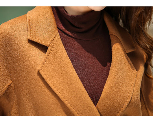 Camel / Caramel Long Wool Coats Double Faced No Buttons Tailored Collar