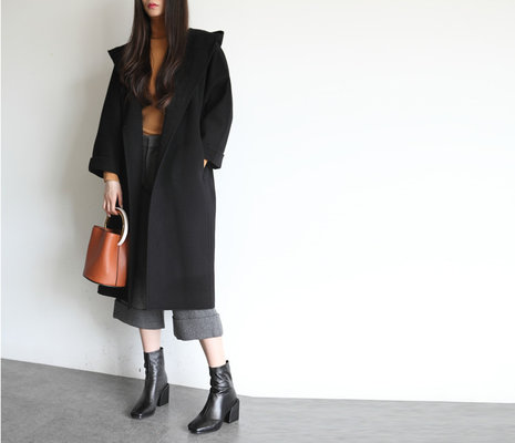 Long Double Faced Woolen Coat / Wool Blend Winter Coat With Hat / Belt No Buttons