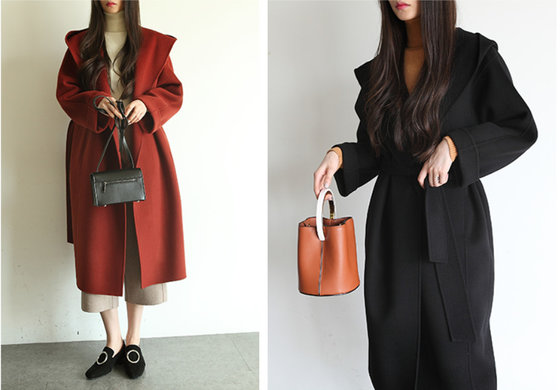 Long Double Faced Woolen Coat / Wool Blend Winter Coat With Hat / Belt No Buttons
