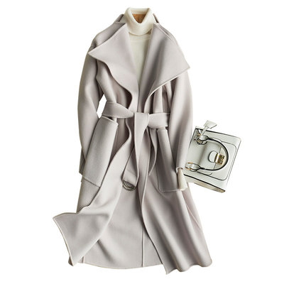 Medium Double Faced Wool Blend Winter Coat For Women with Metal Circular Ring Belt