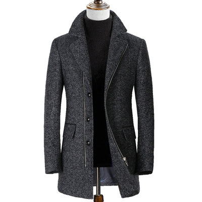 Medium To Long Slim Herringbone Men's Winter Coat With Zipper / Button For Business