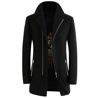 Medium To Long Slim Herringbone Men's Winter Coat With Zipper / Button For Business