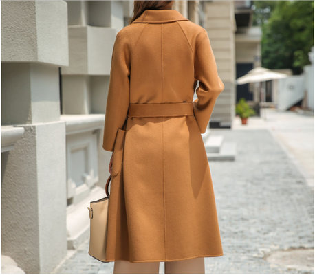 Camel / Caramel Long Wool Coats Double Faced No Buttons Tailored Collar