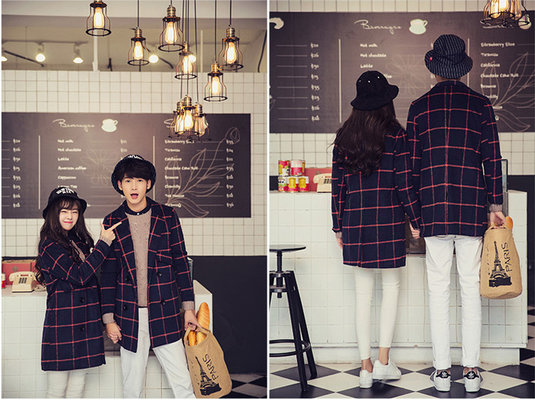 Orange / White / Navy Wool Blend Winter Coat Tartan Couple Wear Lover'S Cloth