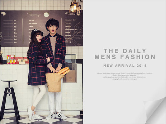 Orange / White / Navy Wool Blend Winter Coat Tartan Couple Wear Lover'S Cloth