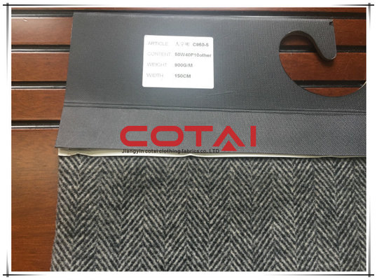 Black White 40 Polyester 50% Wool Herringbone Weave Fabric 600GSM 900G/M